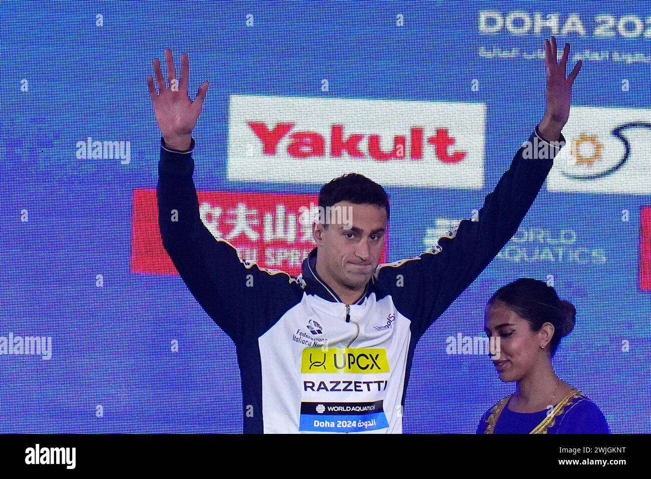 Alberto Razzetti of Italy, waves at the podium after winning his bronze ...