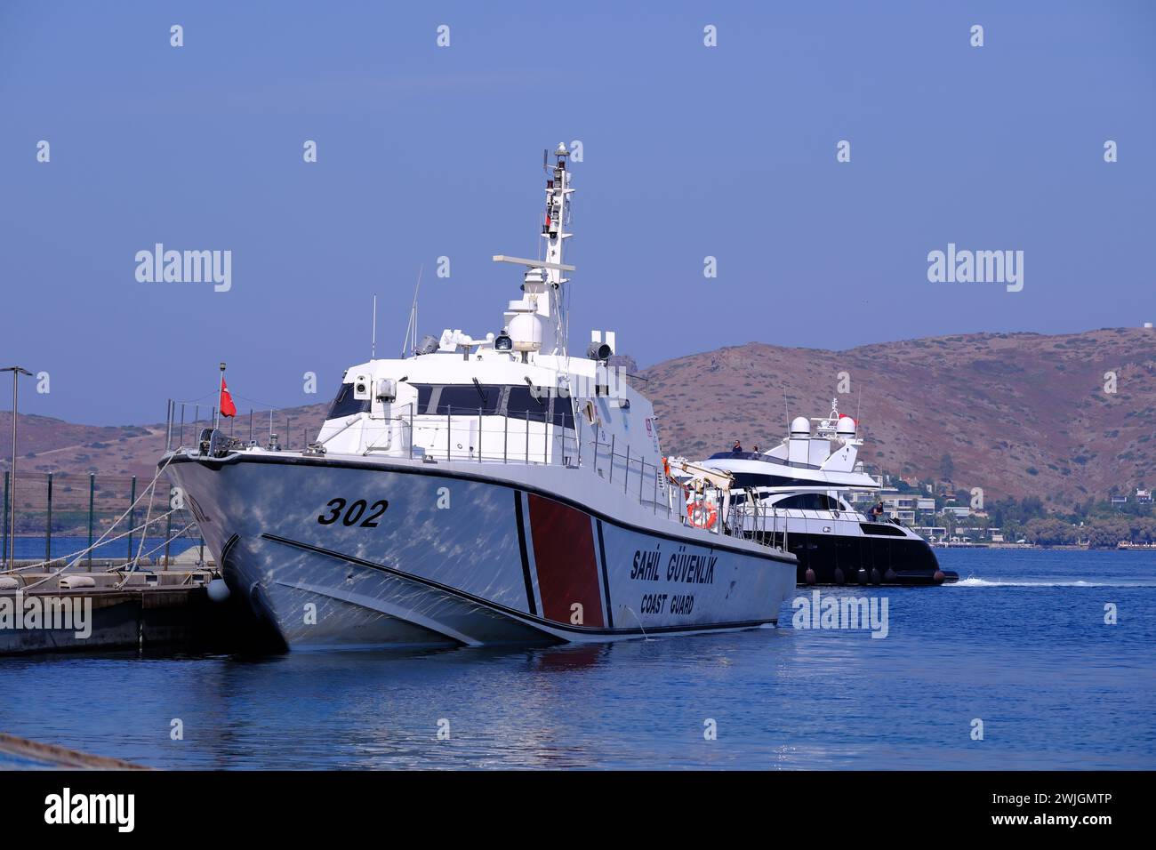 Turkish coast guard boat at park position in Bodrum Turkey in a sunny ...