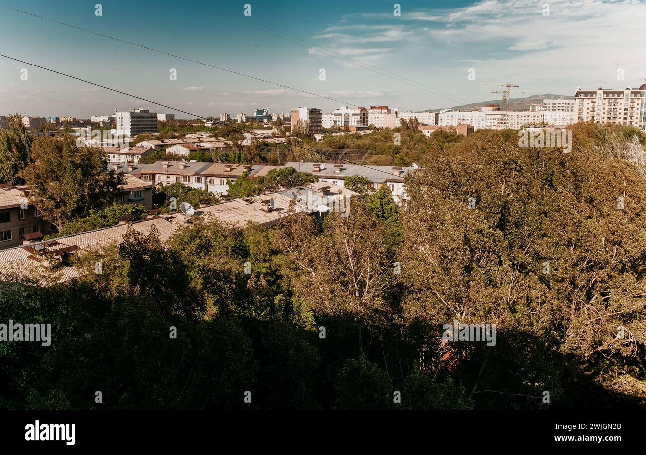 A charming cityscape featuring residential area, trees, and buildings ...