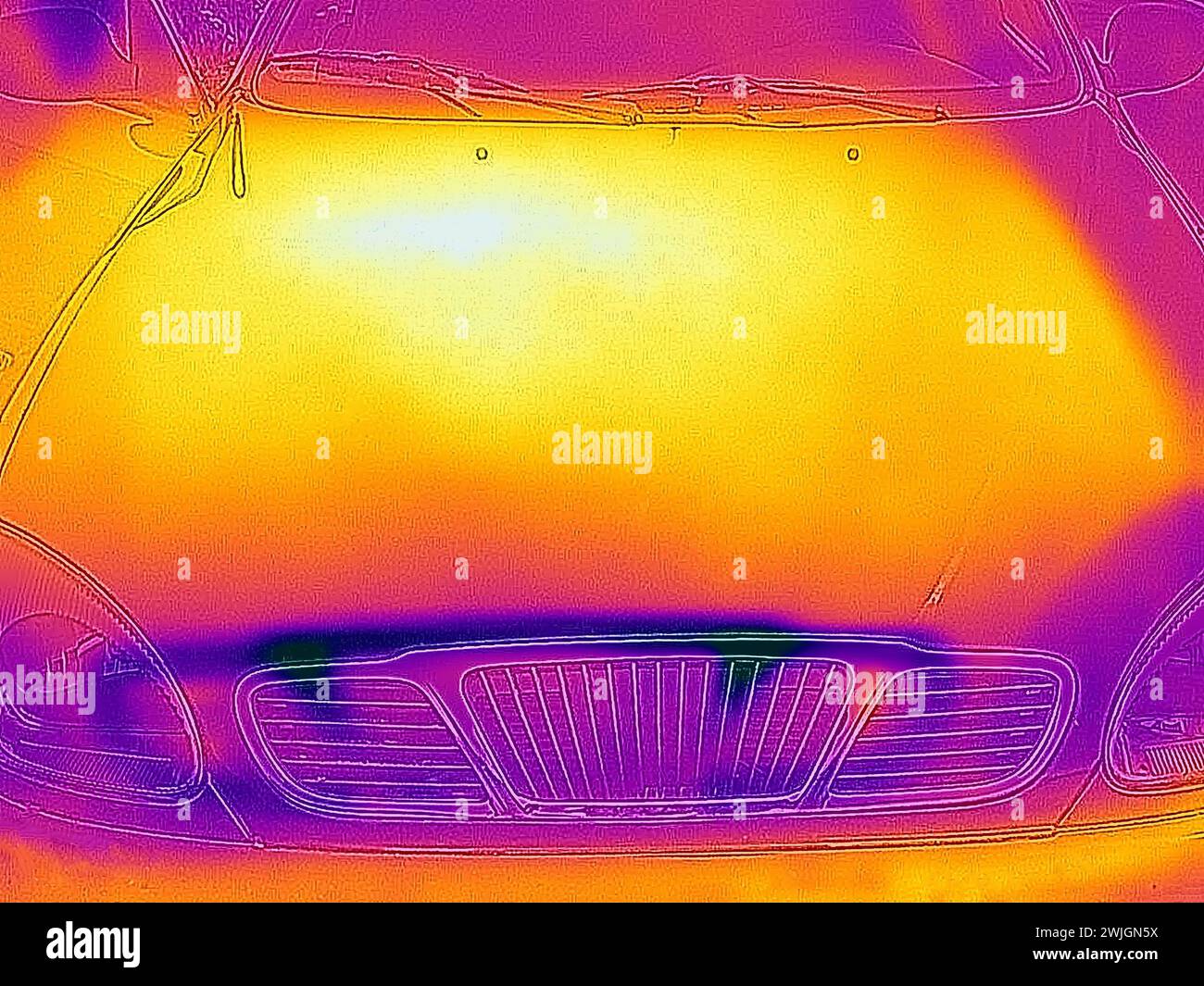 An ordinary car captured on thermal imager. The hood of a car that ...