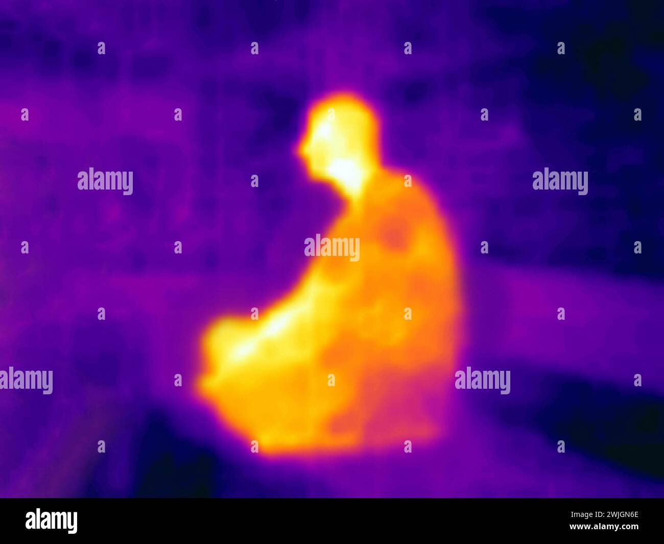 A man in lotus captured on thermal imager. The human body of an ...