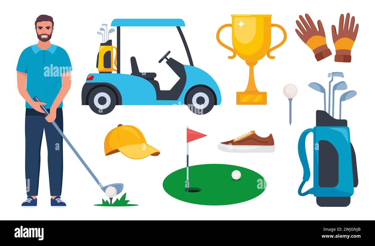 Golf equipment set. Professional items to play the sport, clothing and ...