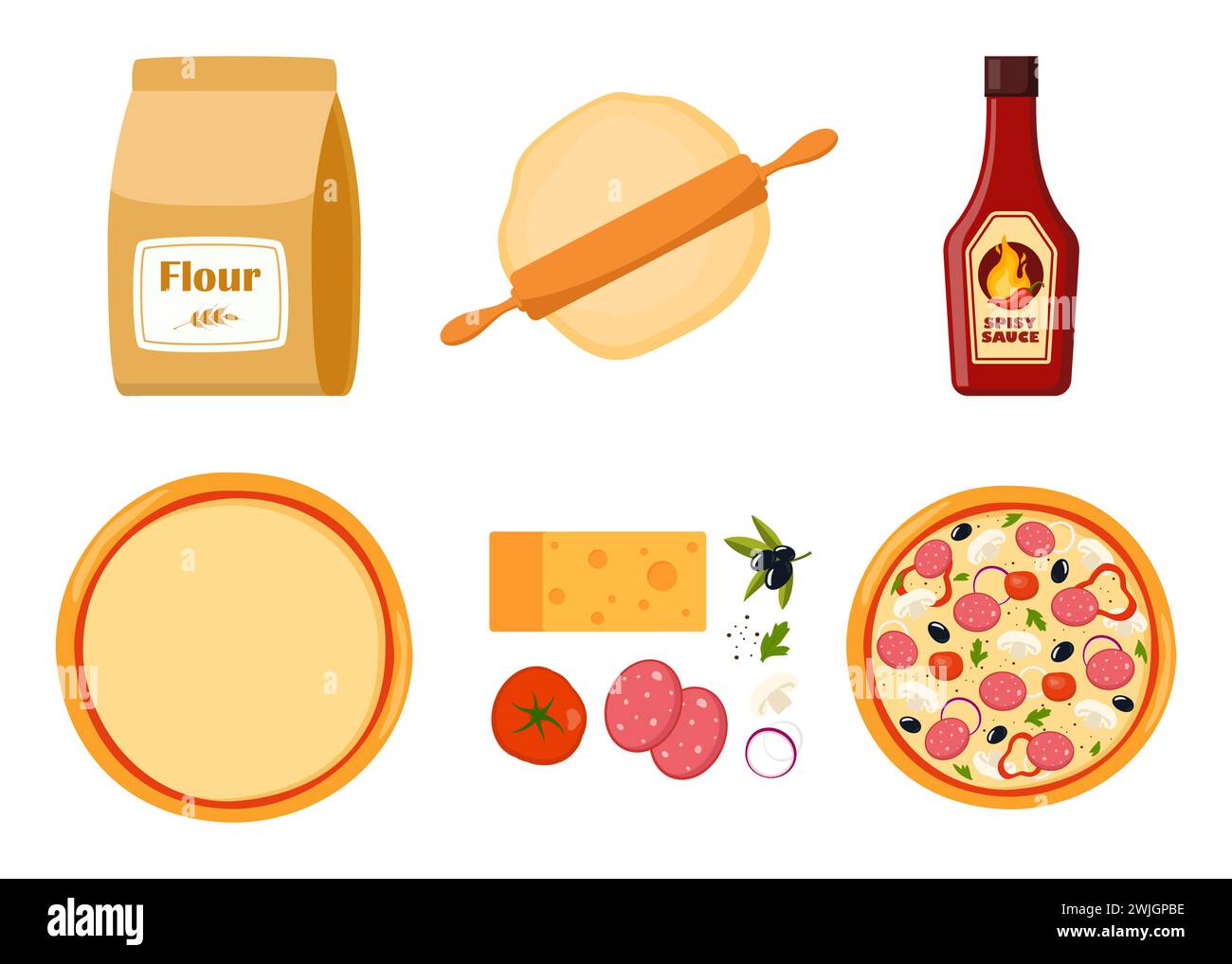 Pizza cooking steps. Easy recipe for homemade Italian food. Salami and ...