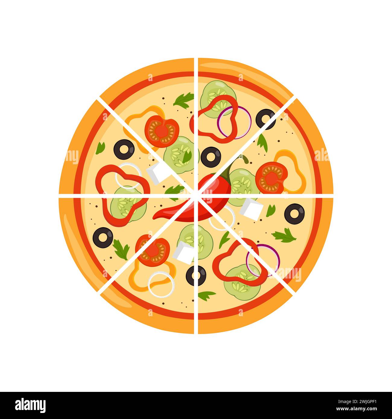 Fresh round pizza cut into triangular pieces. Pizza with tomato, cheese ...
