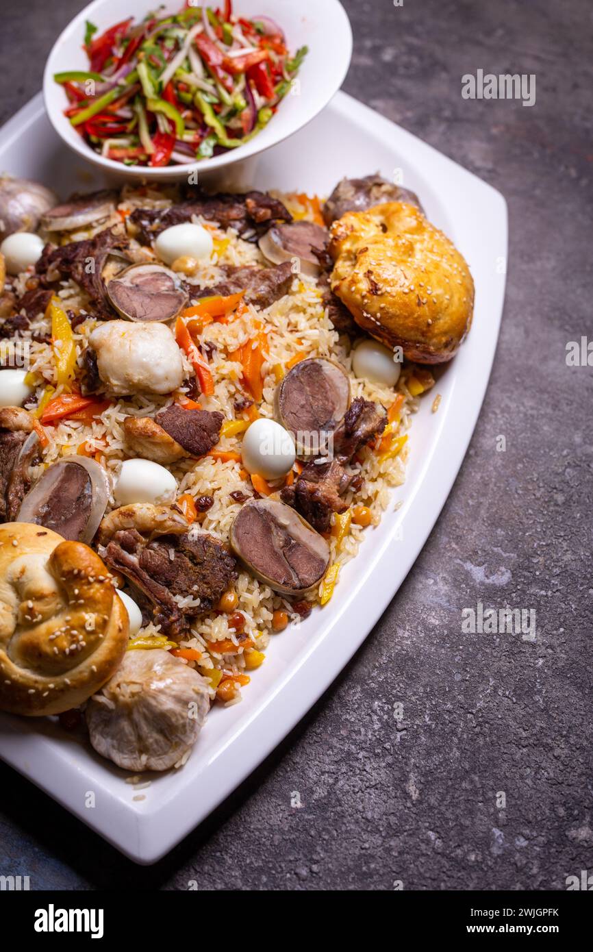 Mouthwatering image of Uzbek Plov dish with mutton, rice, carrots ...