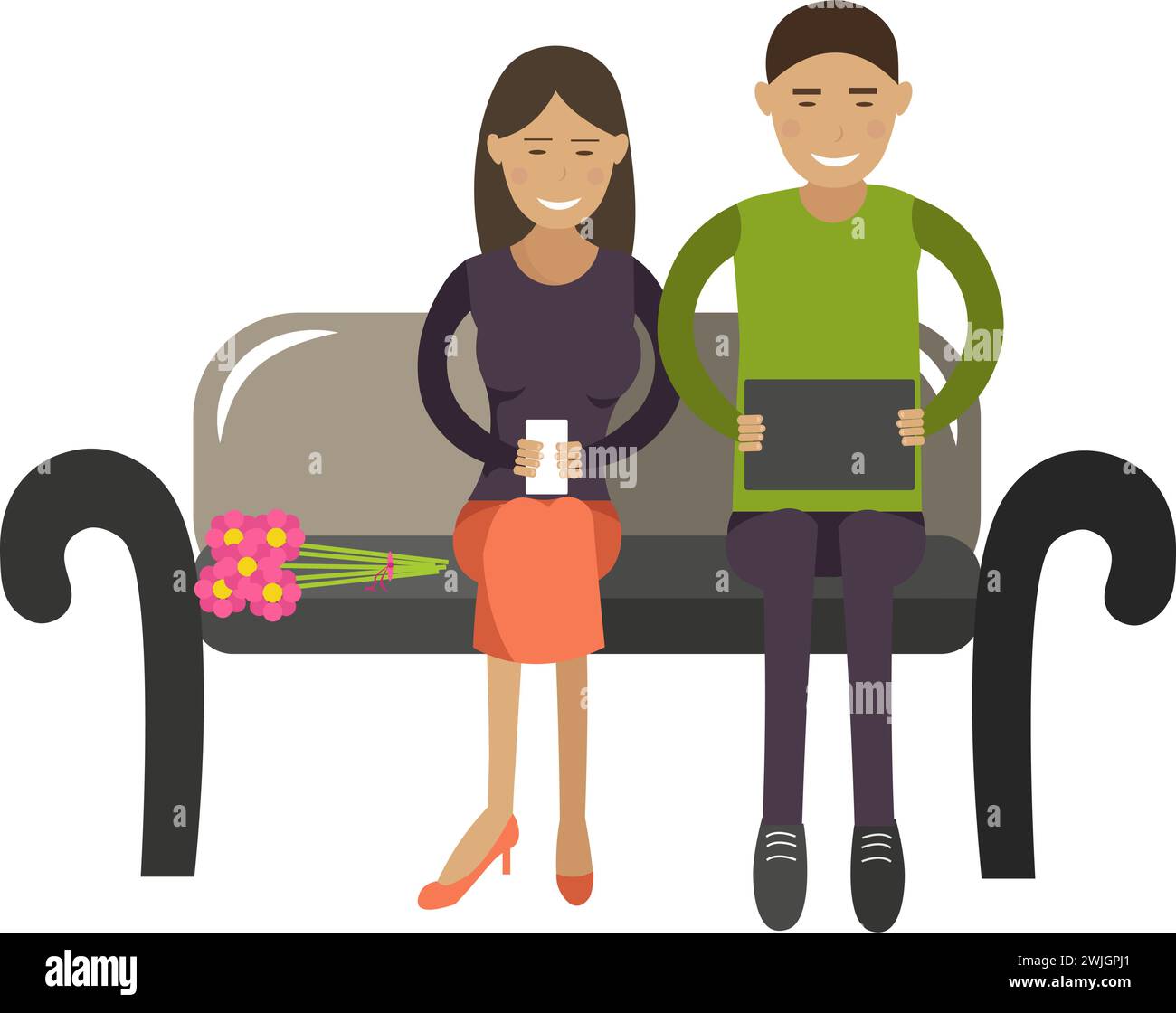 Girlfriend and boyfriend using mobile phone on date in park vector icon ...