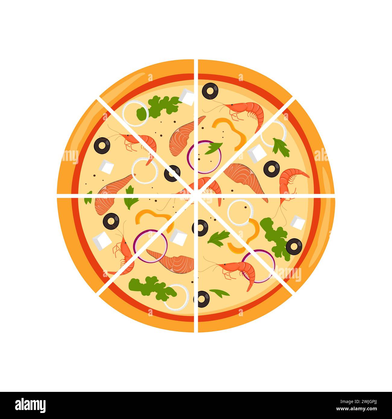 Fresh round pizza cut into triangular pieces. Pizza with fish, shrimp ...
