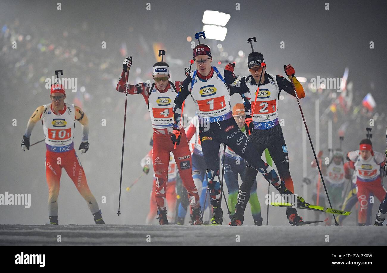 L-R Niklas Hartweg (SUI), Simon Eder (AUT), Johannes Thingnes Bo (NOR) and Justus Strelow (GER ...