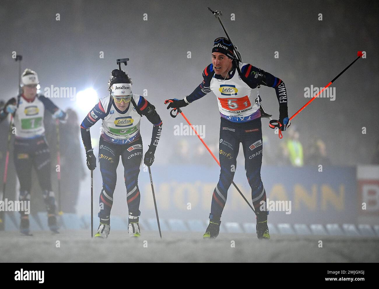 L-R Lou Jeanmonnot and Quentin Fillon Maillet (FRA) compete in the ...