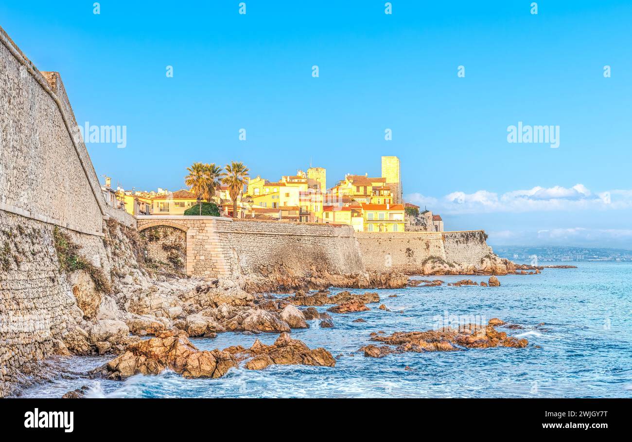 view of the fortress and the old town of Antibes, Cote D'Azur, french ...