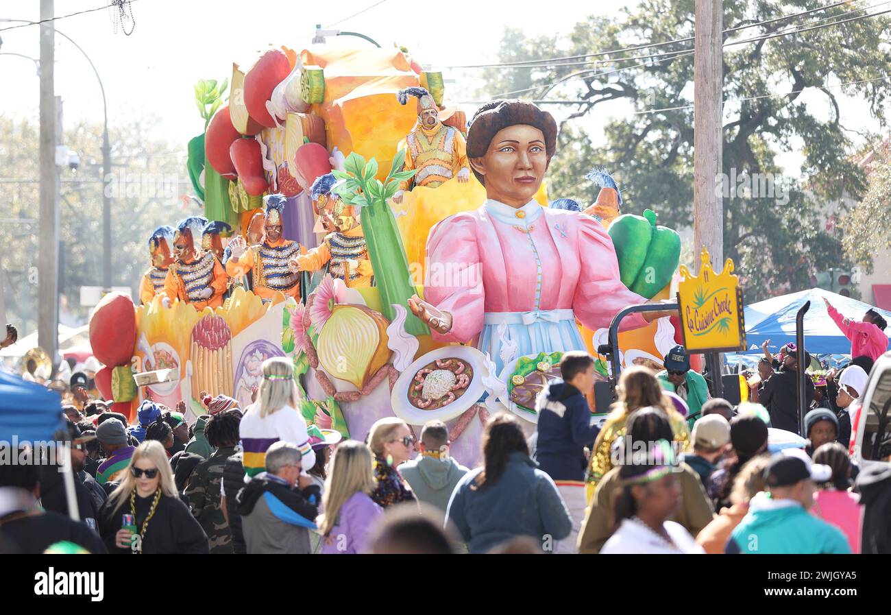 New Orleans, USA. 13th Feb, 2024. The La Cuisine Creole Float rolls ...