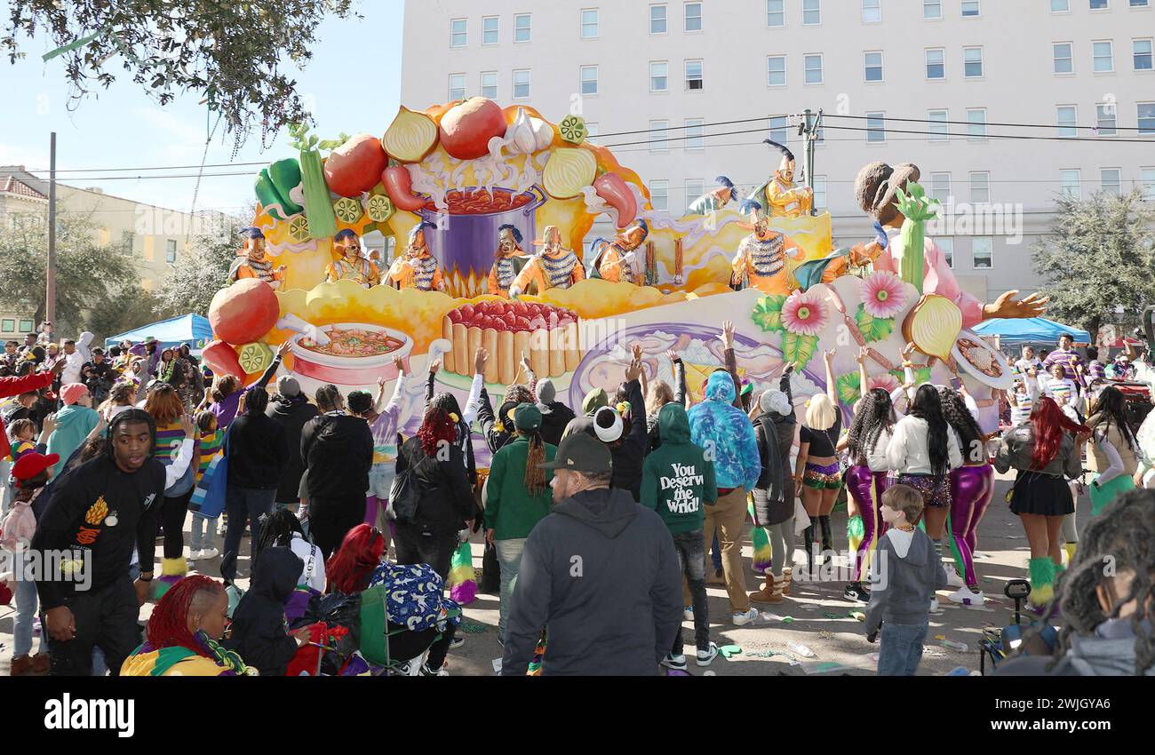 New Orleans, USA. 13th Feb, 2024. The La Cuisine Creole Float rolls ...
