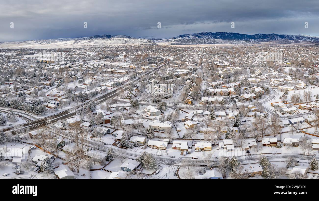 winter morning over city of Fort Collins and Front Range of Rocky ...