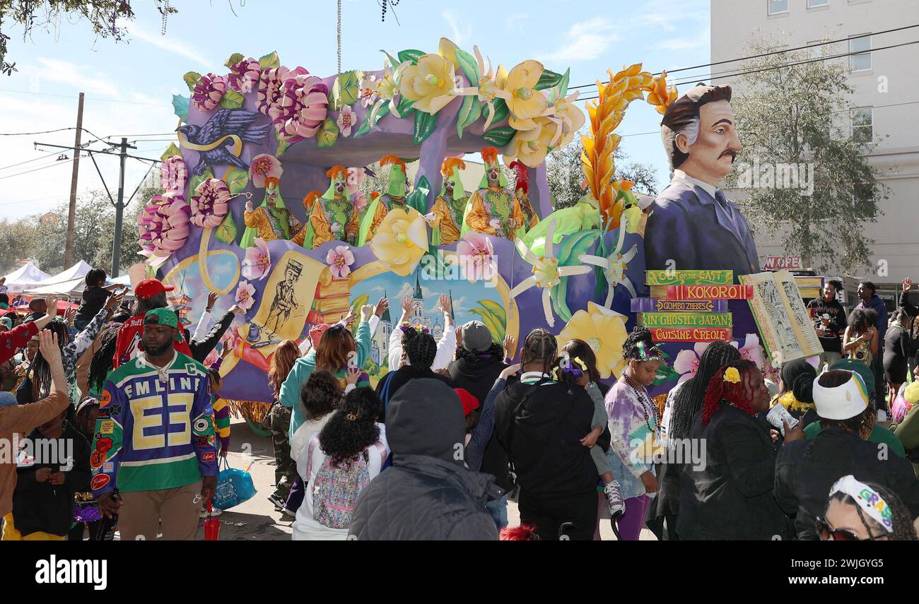 New Orleans, USA. 13th Feb, 2024. The Lafcadio Hearn float rolls ...