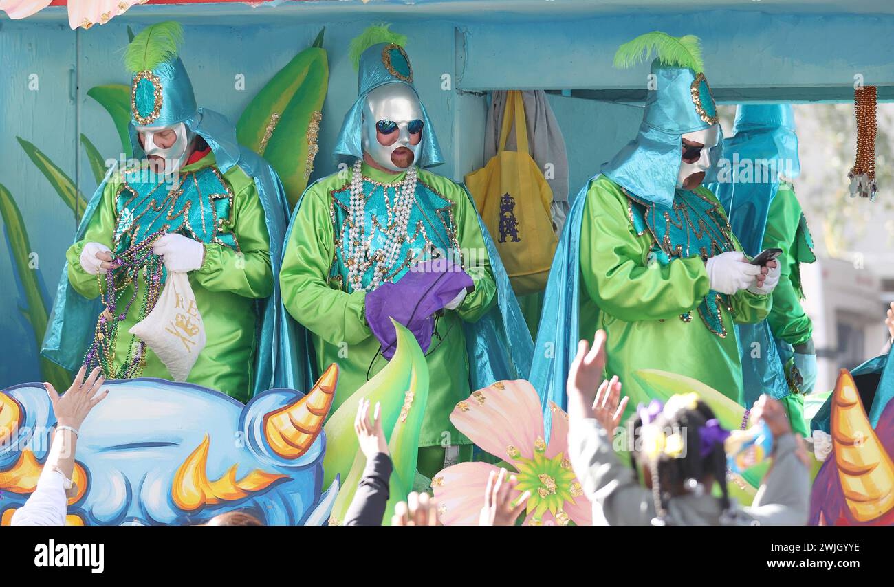 New Orleans, USA. 13th Feb, 2024. Members of the Momotaro float get ...