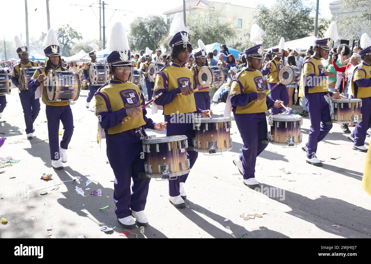 New Orleans, USA. 13th Feb, 2024. The Warren Easton Marching Band ... New Orleans, USA. 13th Feb, 2024. The Warren Easton Marching Band ...