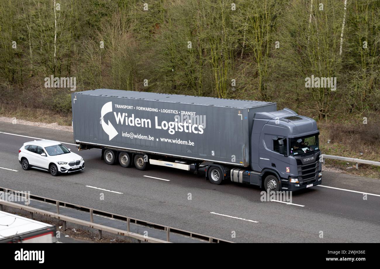 Widem Logistics Scania lorry on the M40 motorway, Warwickshire, UK ...