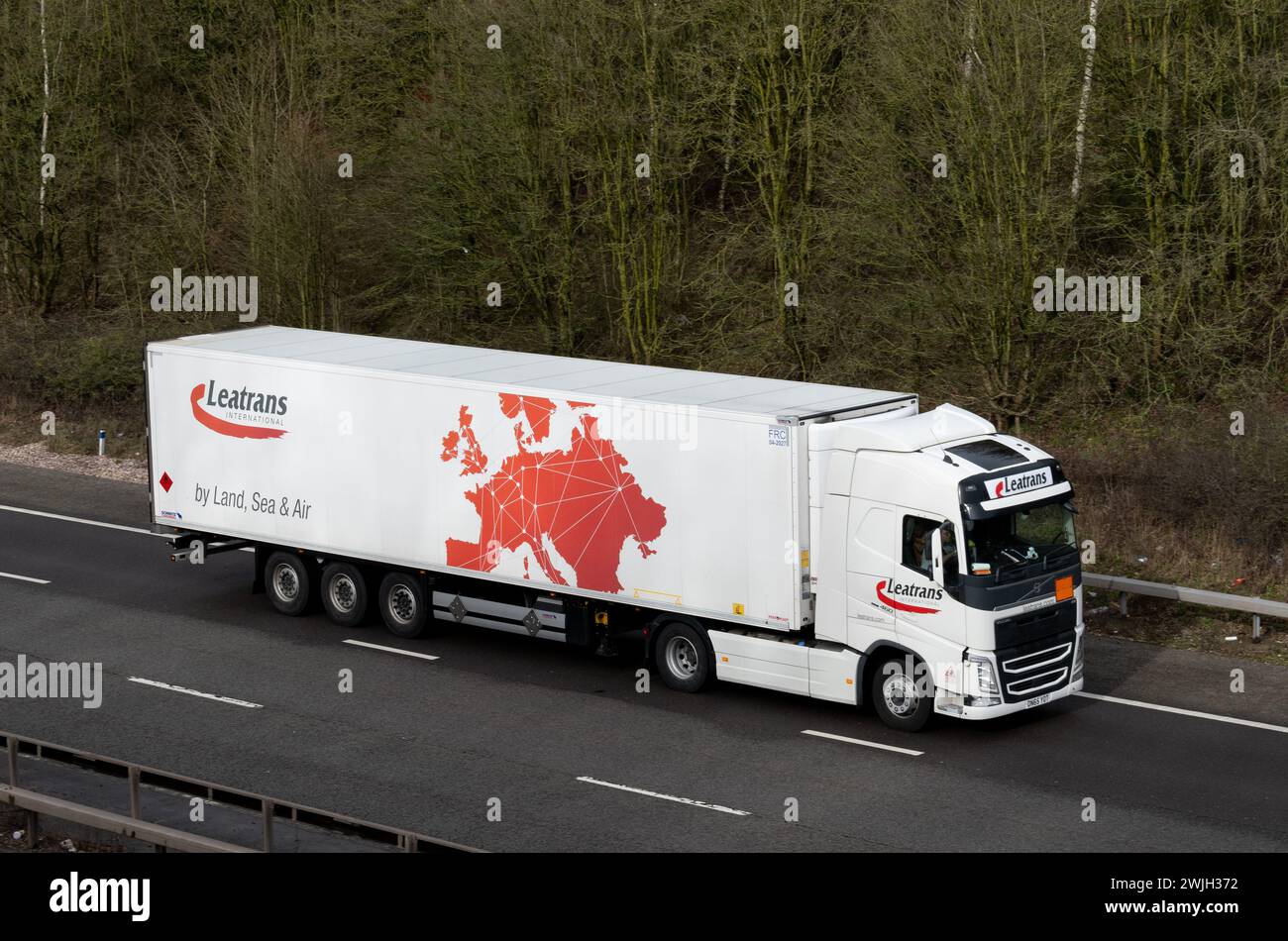 Leatrans International Volvo lorry on the M40 motorway, Warwickshire ...