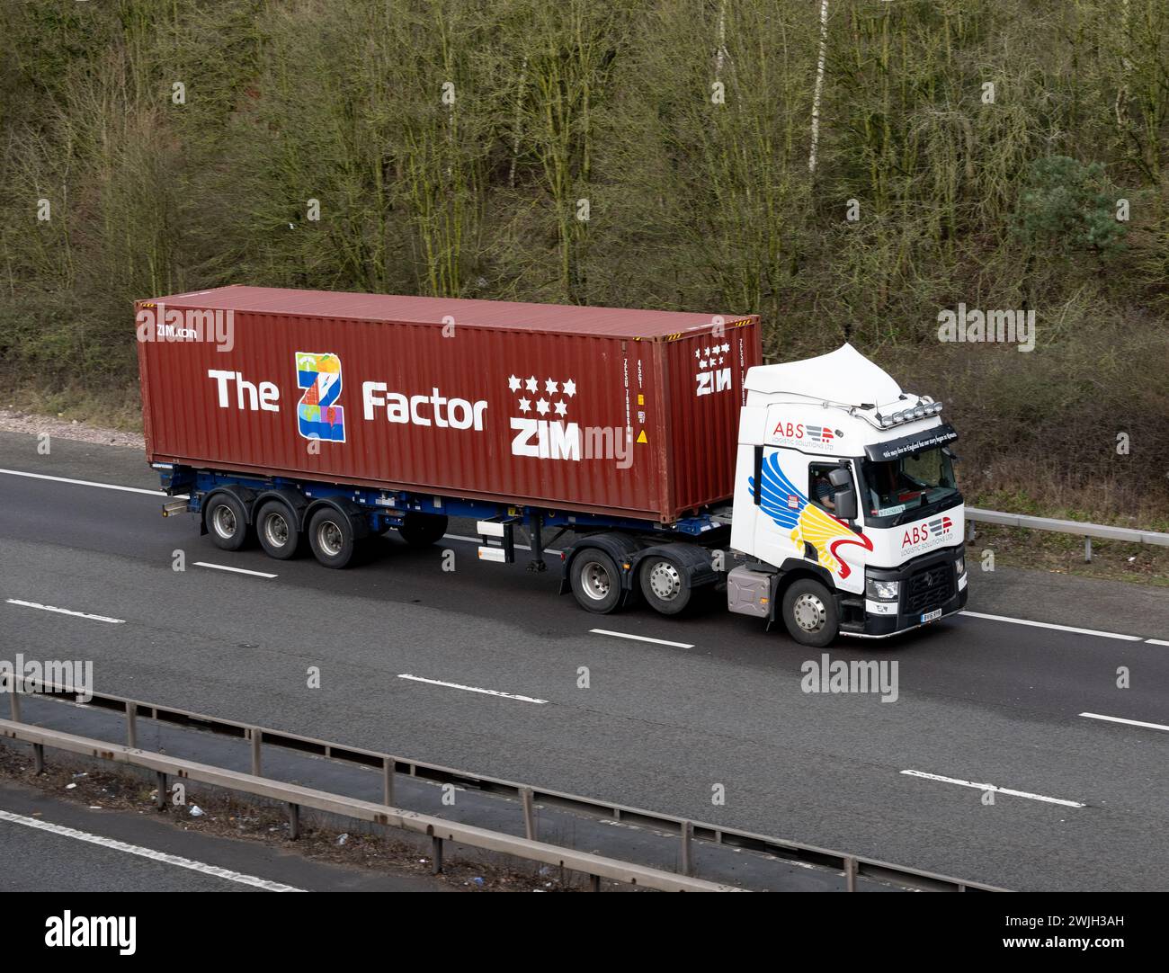 ABS Logistic Solutions lorry carrying a Zim shipping container on the ...