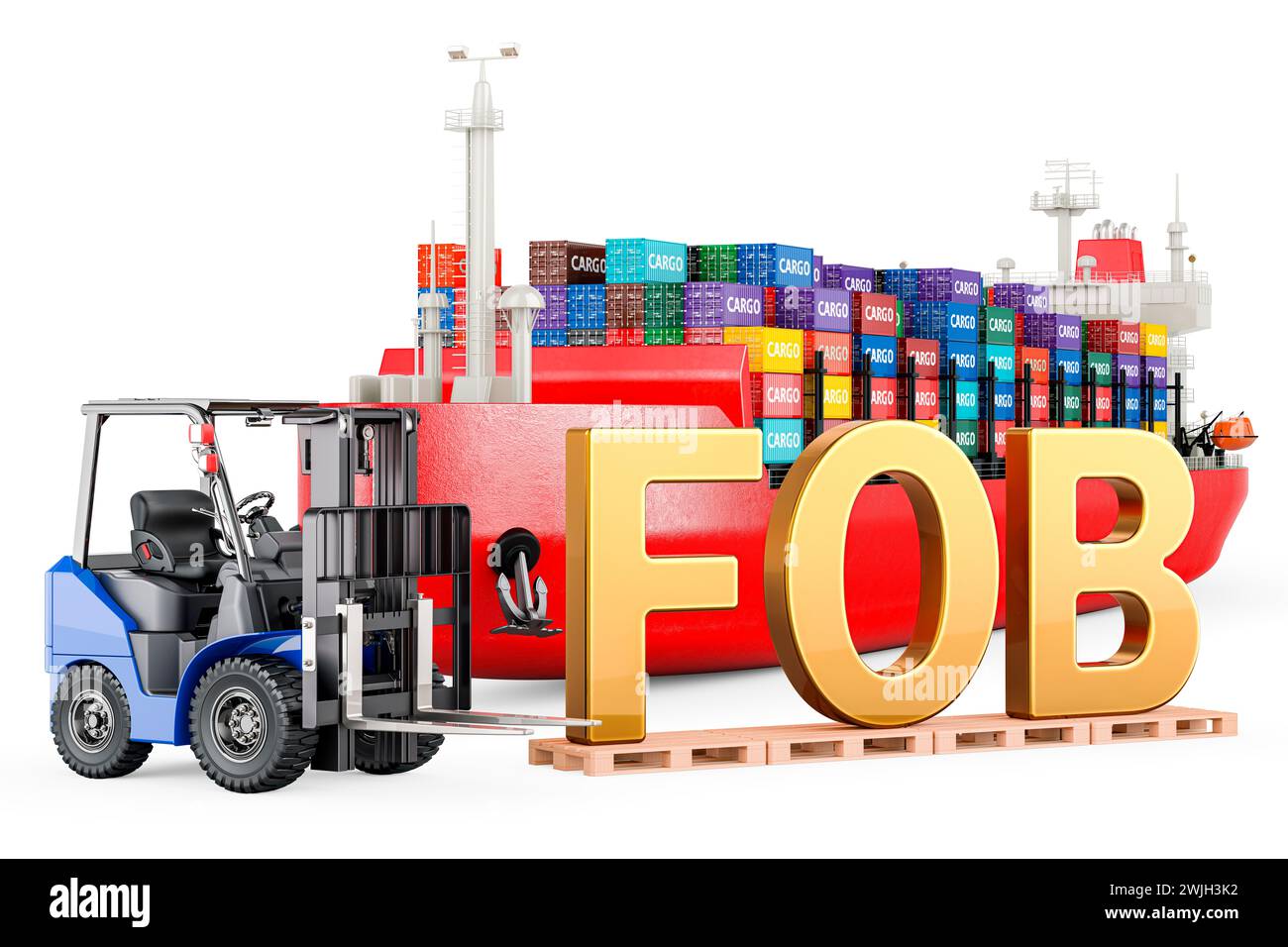 FOB concept. Cargo Container Ship with cargo containers and Forklift ...