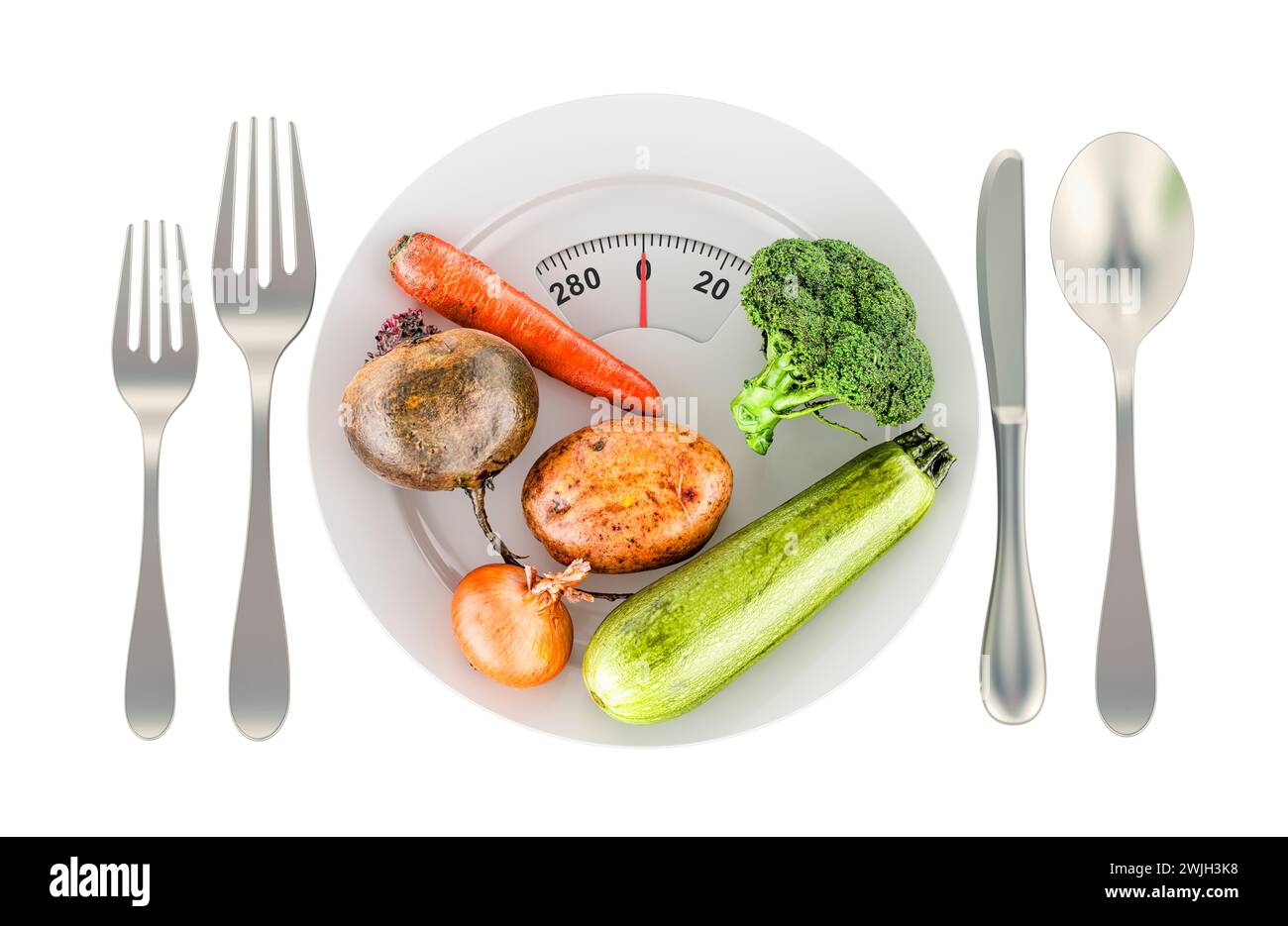 Fresh Vegetables on the plate with weight scale. Diet meal concept. 3D ...