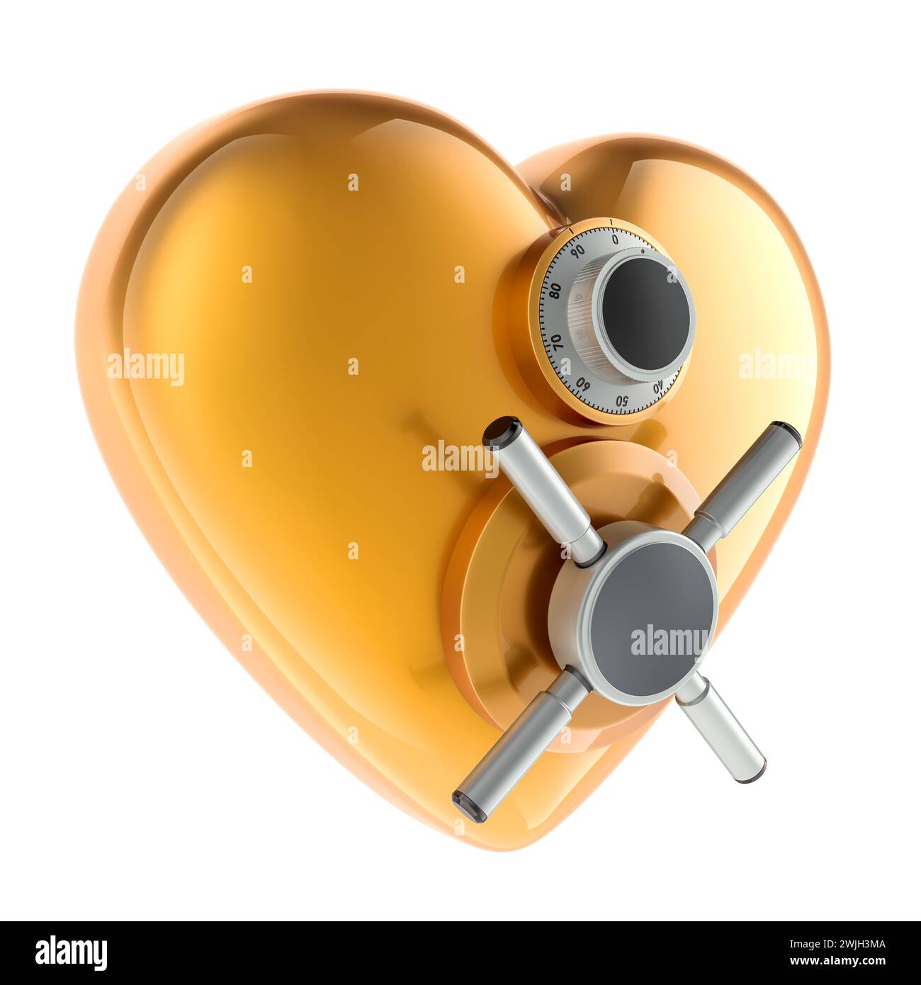 Golden heart with safe combination lock, 3D rendering isolated on white ...