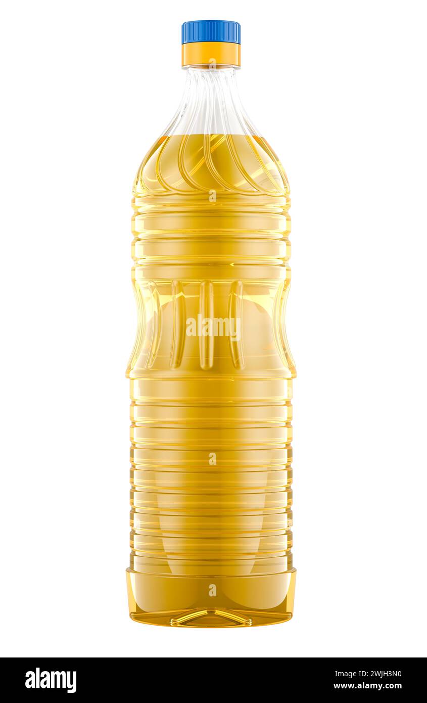 Yellow Oil in plastic bottle, 3D rendering isolated on white background ...