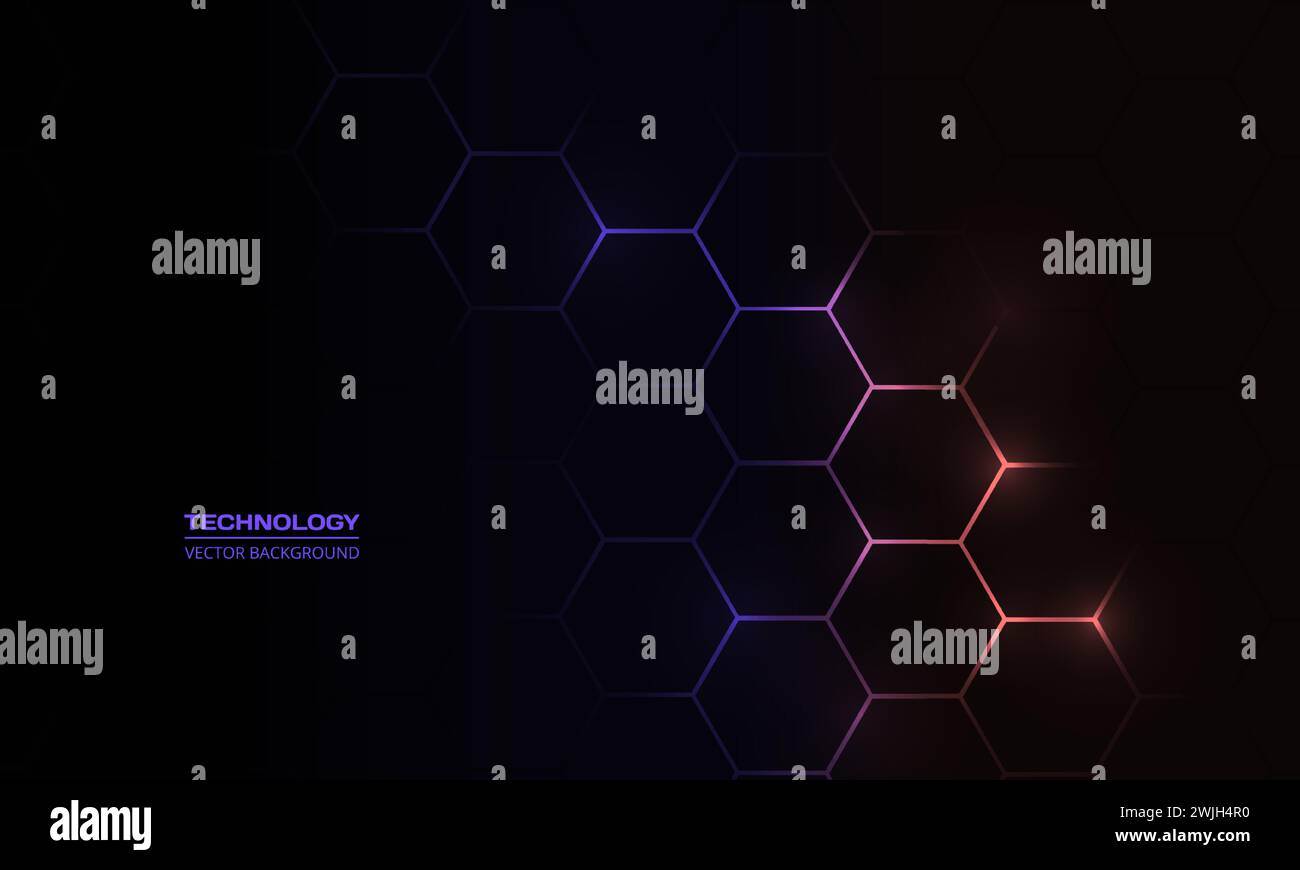 Dark hexagon abstract technology background with violet and peach colored bright flashes under ...