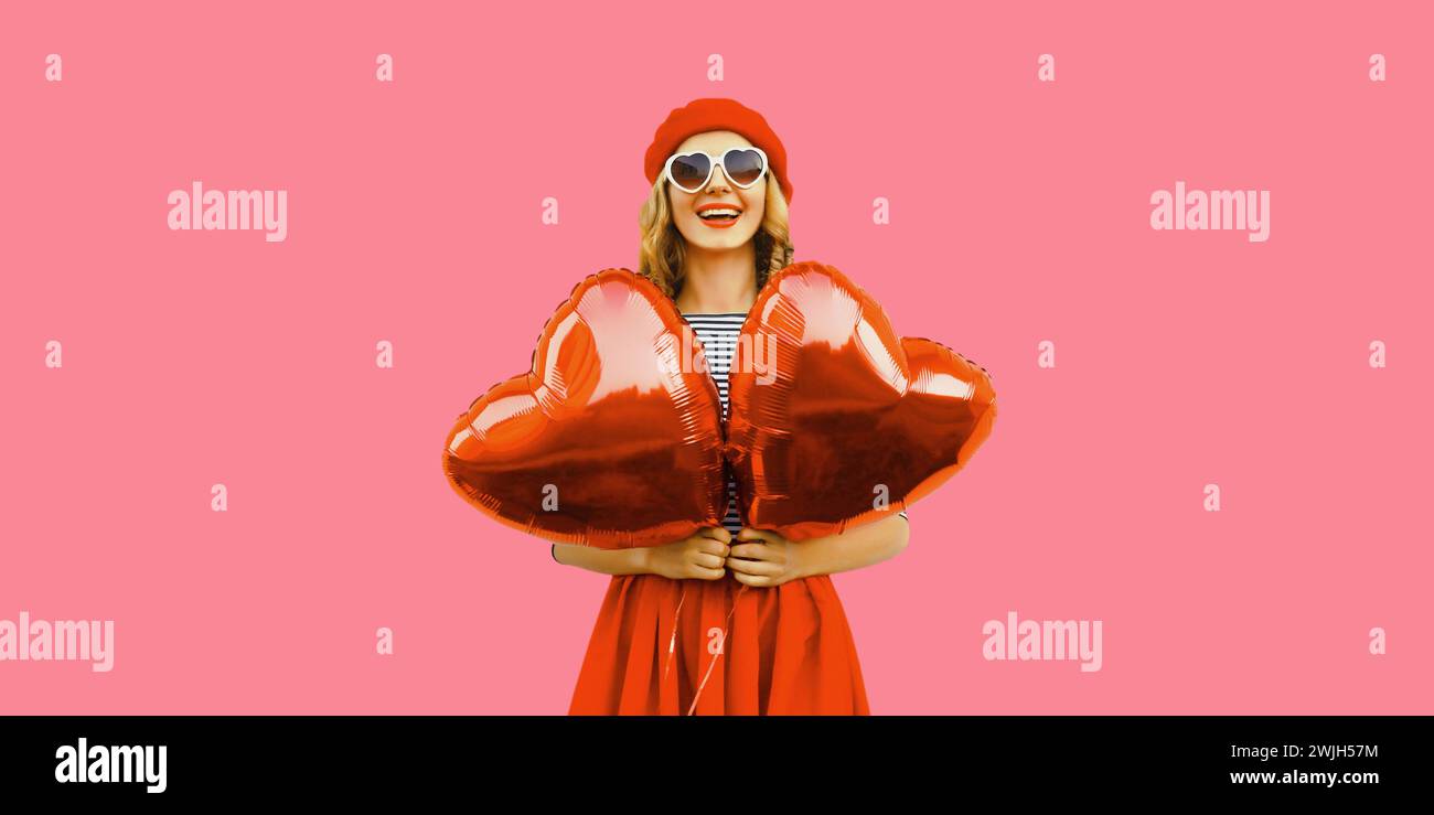 Cute portrait of happy cheerful smiling young woman with red heart ...