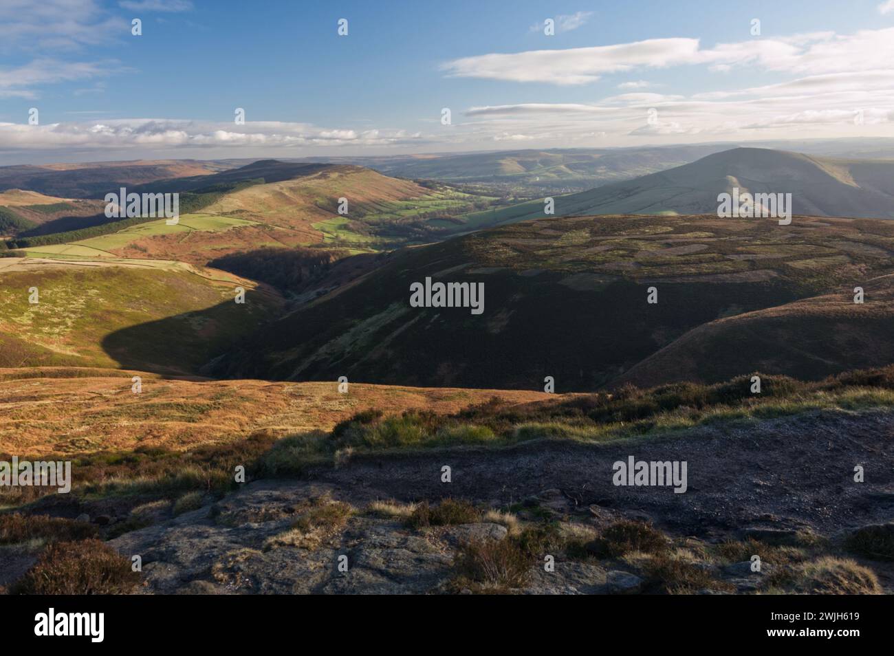 Looking from Kinder Scout in the direction of Win Hill lit in the ...