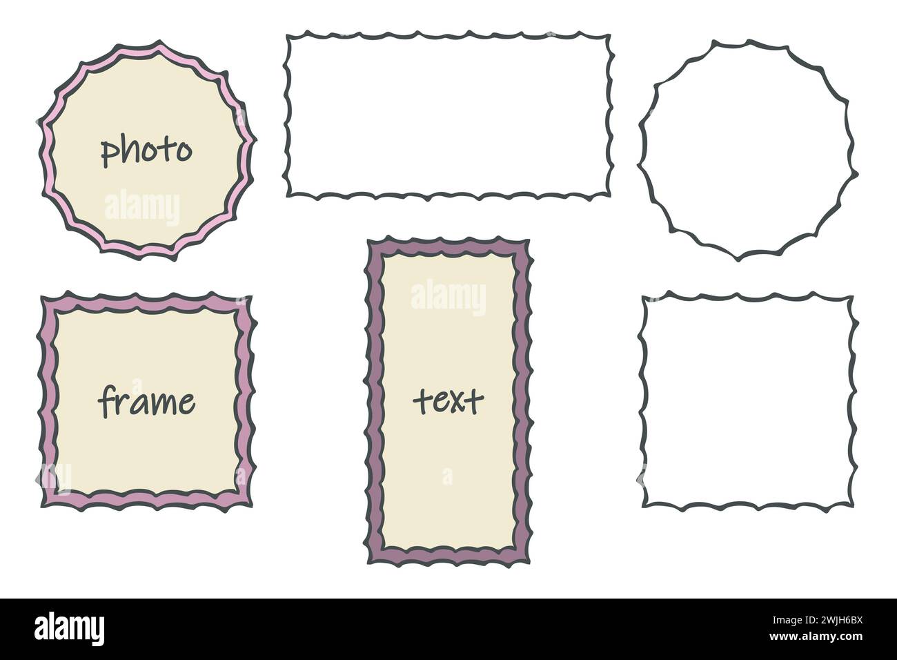 Frames outline, lilac pastel coloured background set. Hand drawn decorative doodle ornament, ink ...