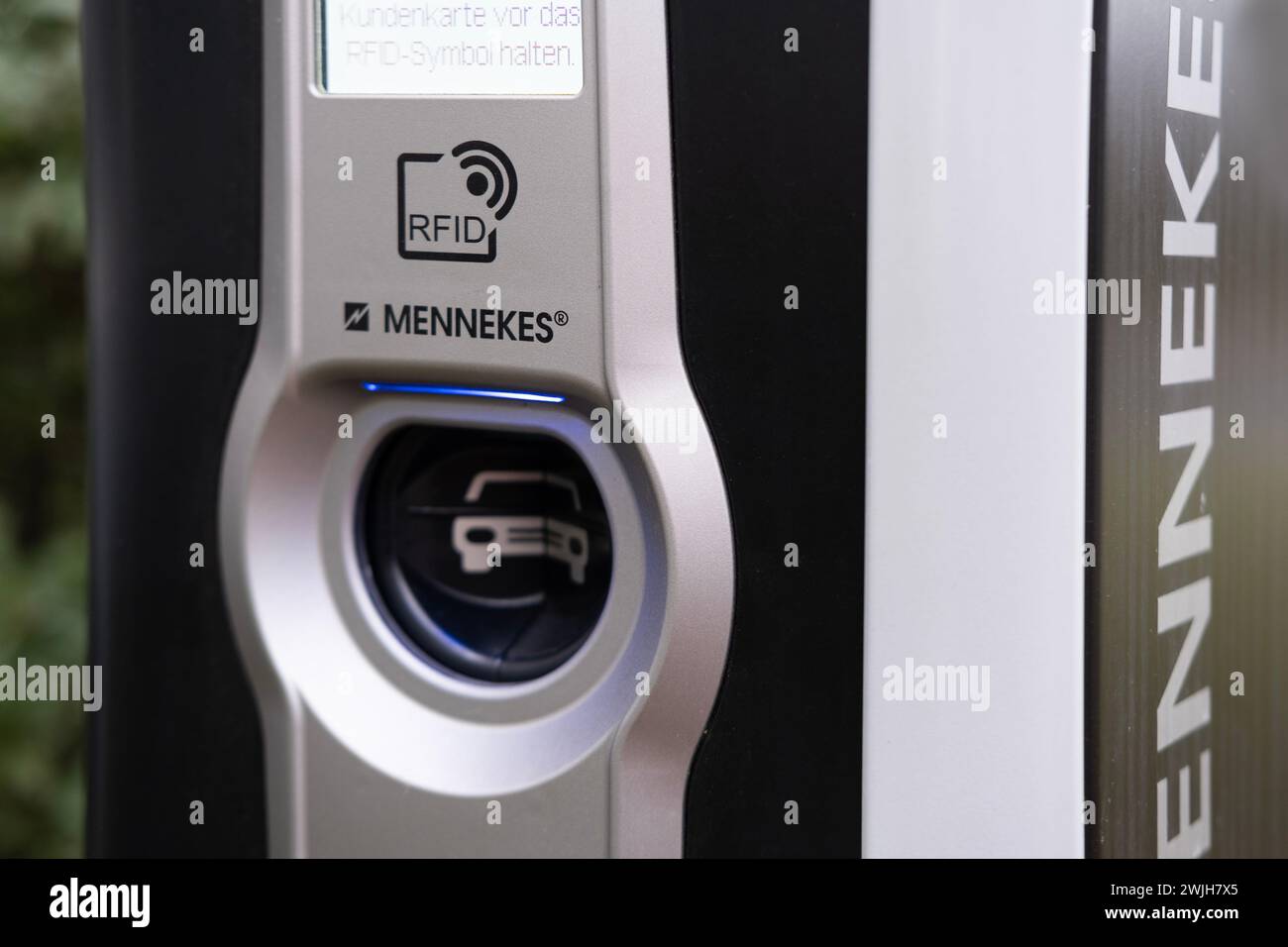 close-up LG Energy Solution charging station in parking lot, electric ...