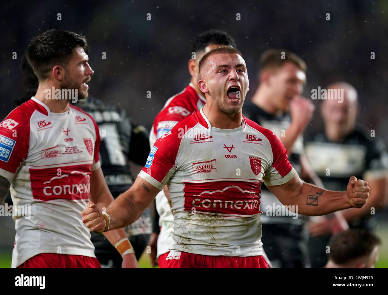 Hull KR's Mikey Lewis celebrates after team-mate Kelepi Tanginoa (not ...