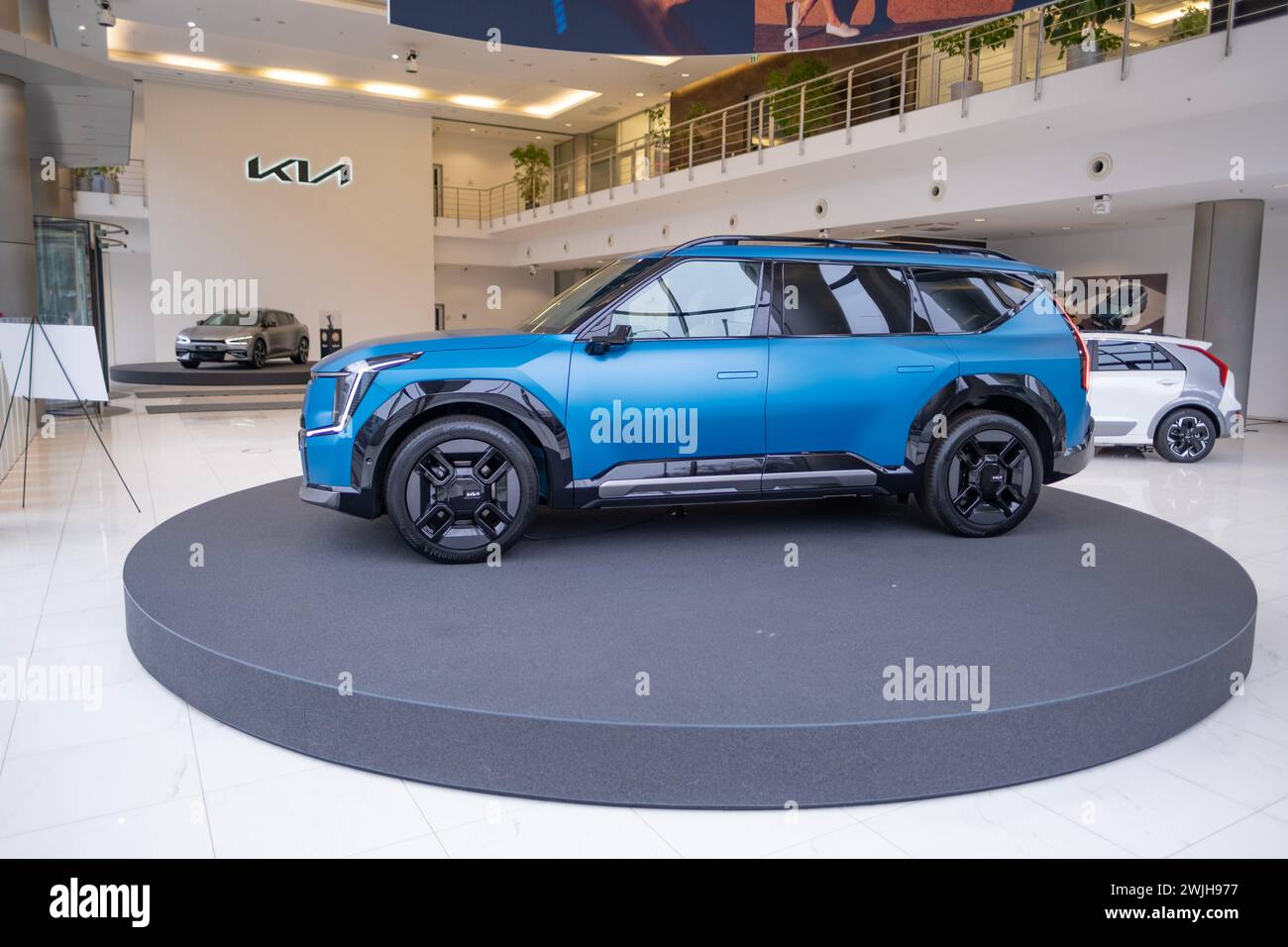 new blue electric Kia EV9 GT-Line AWD, South Korean ev 2024 in showroom ...