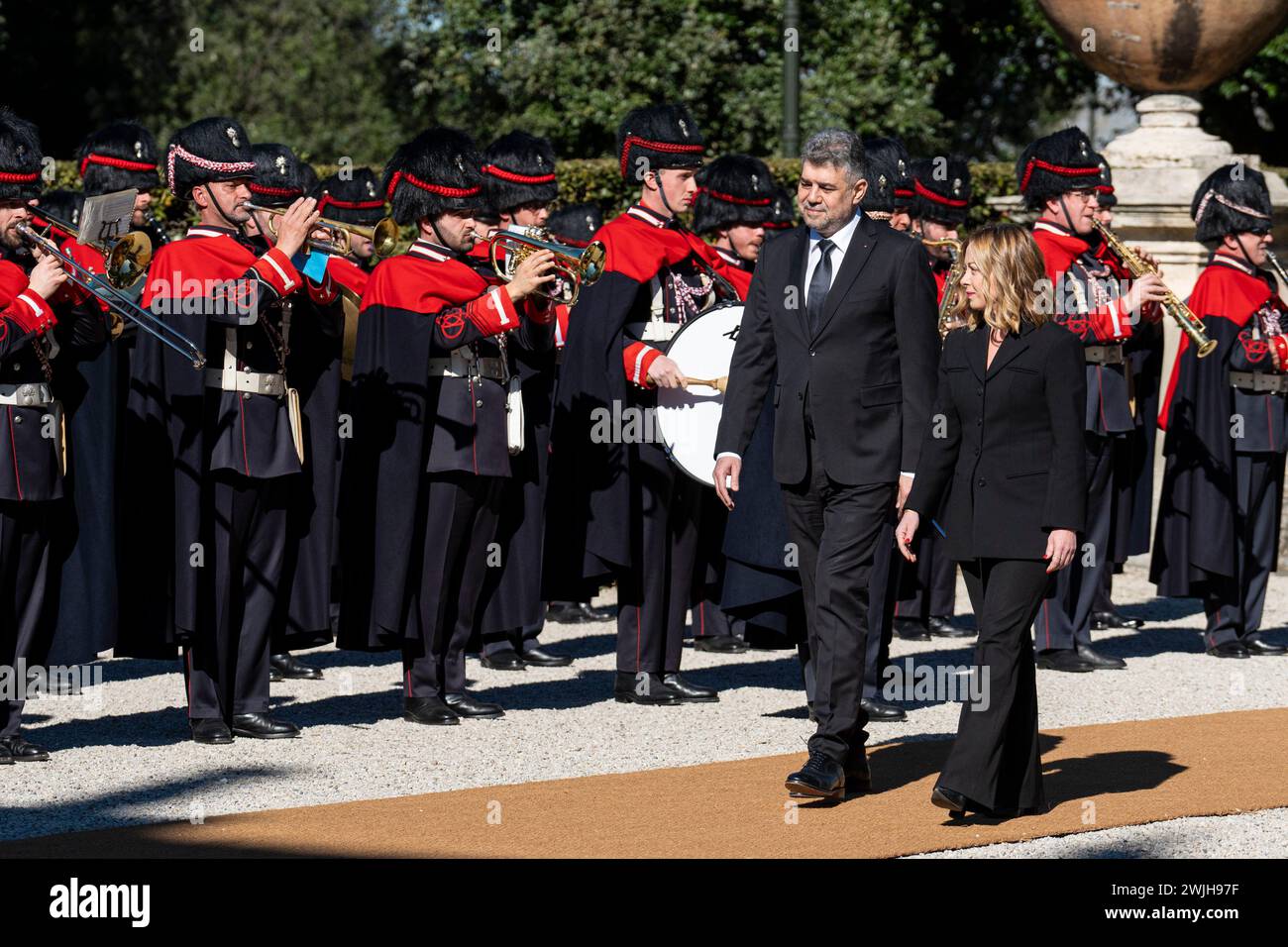 Rome, Italy. 15th Feb, 2024. Romanian Prime Minister Marcel Ciolacu and ...