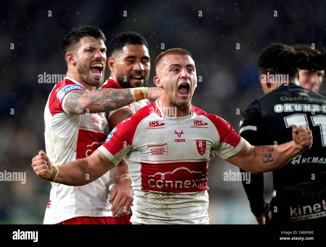 Hull KR's Mikey Lewis celebrates after team-mate Kelepi Tanginoa (not ...