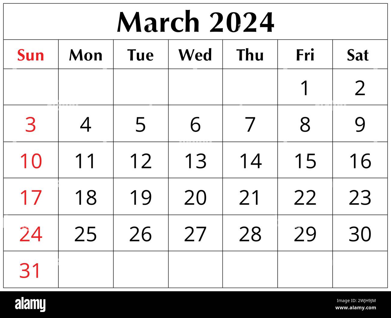 March 2024 ENGLISH month calendar. printable illustration. Monthly ...
