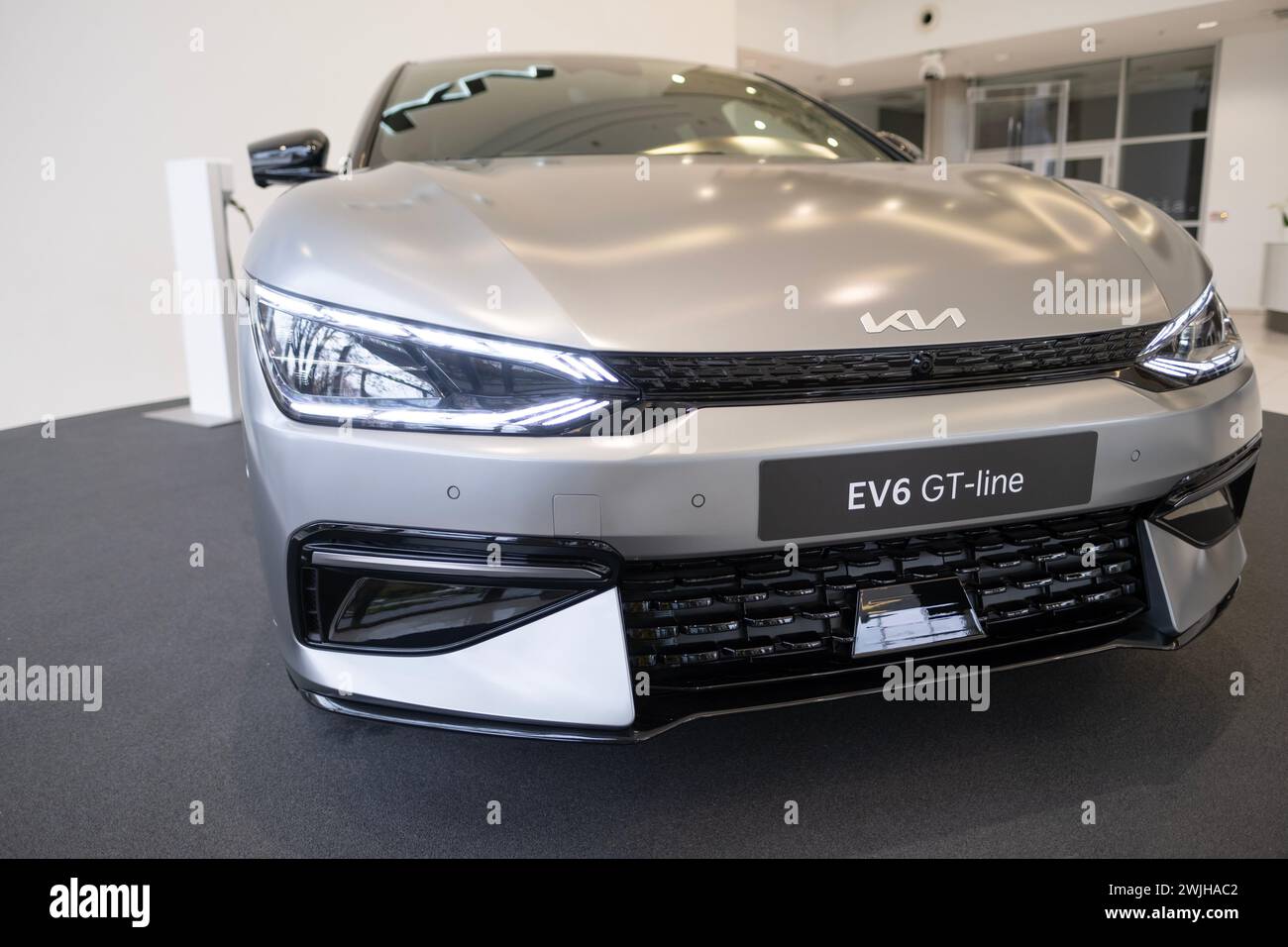 new grey electric crossover Kia EV6 GT in showroom, South Korean ...