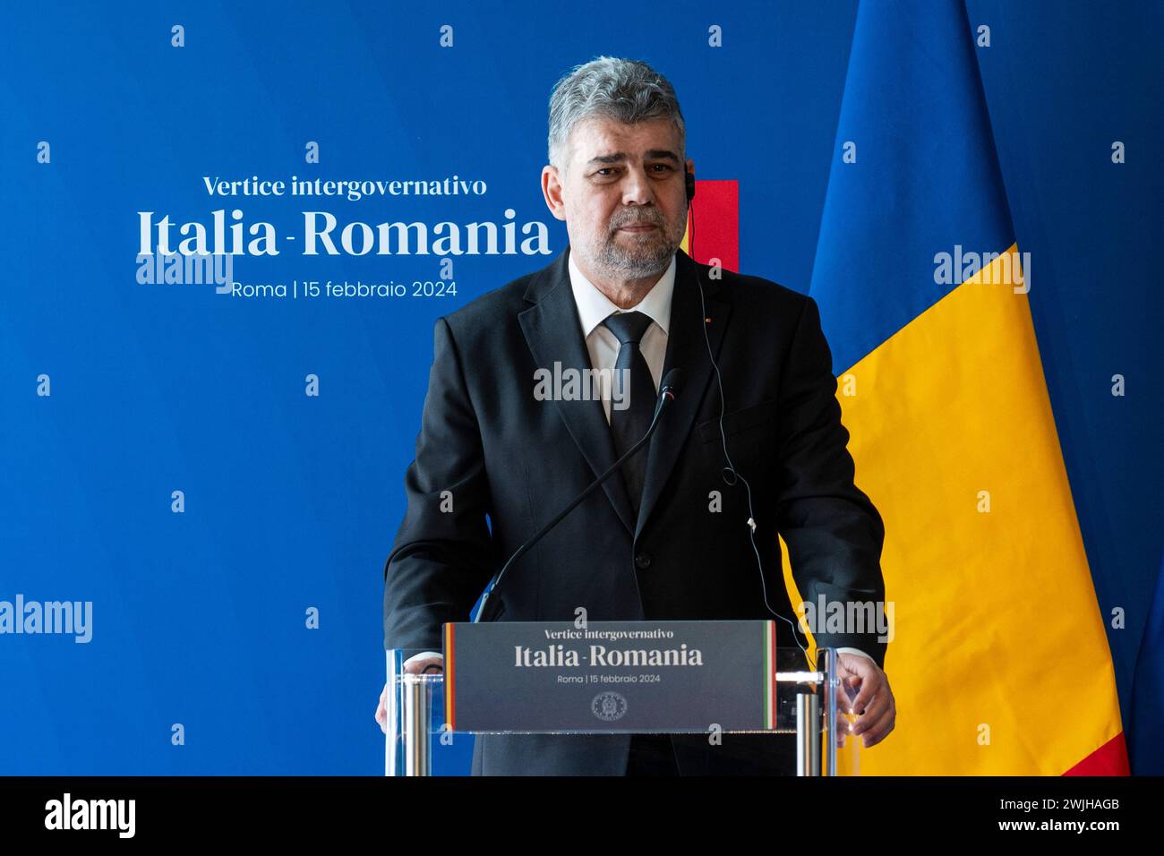 Rome, Italy. 15th Feb, 2024. Romanian Prime Minister Marcel Ciolacu ...