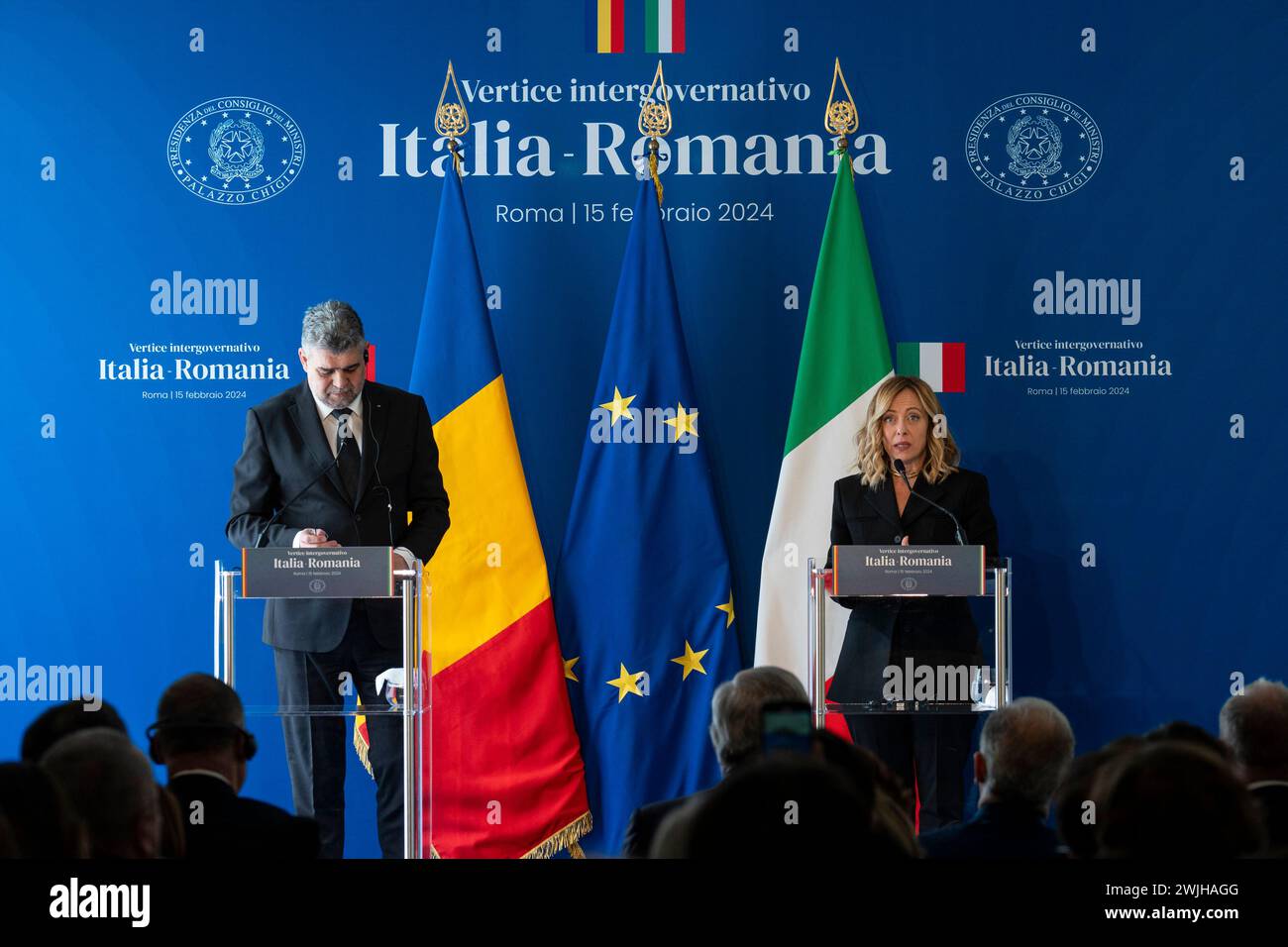 Rome, Italy. 15th Feb, 2024. Romanian Prime Minister Marcel Ciolacu and ...