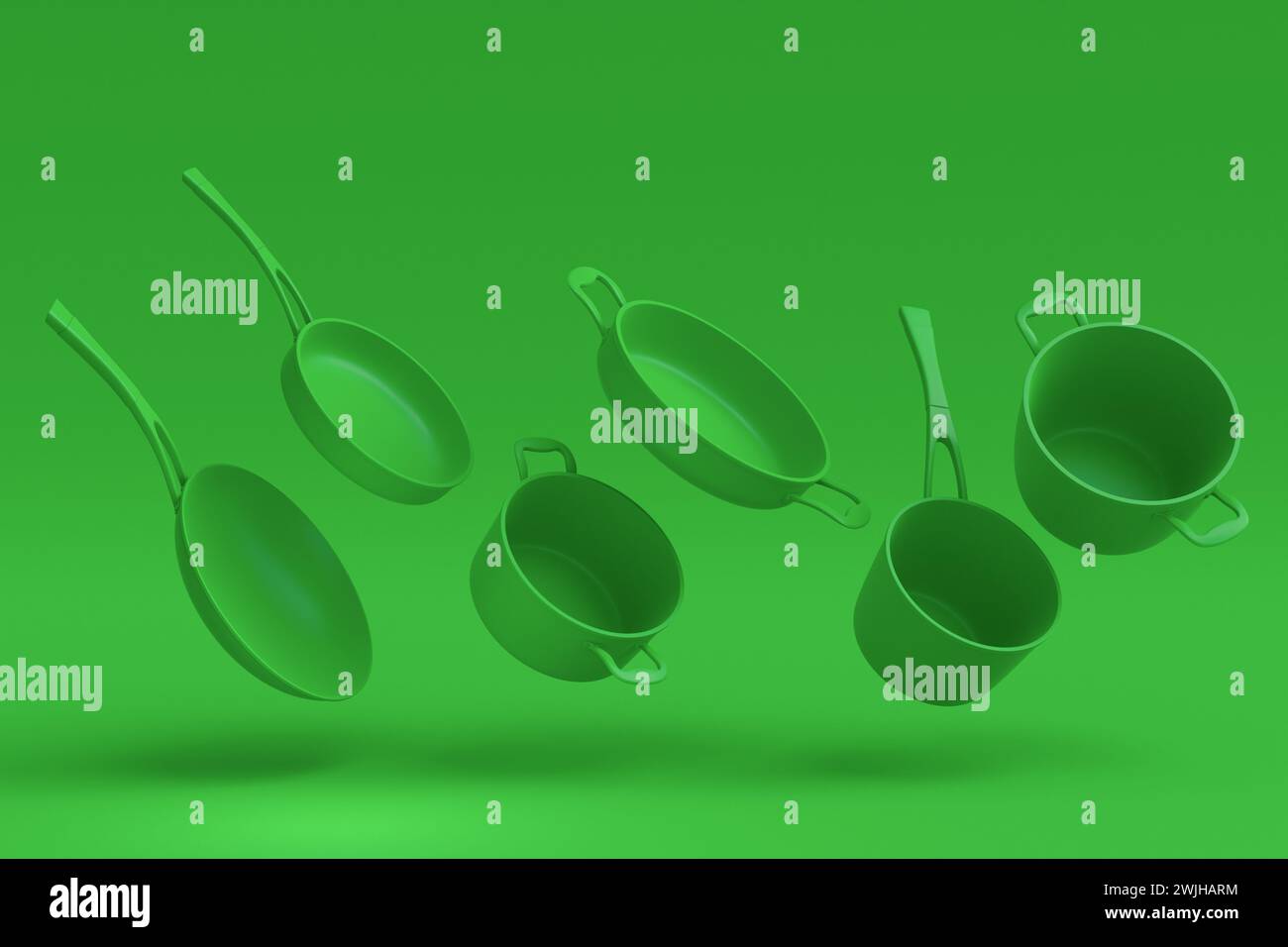 Set of flying stewpot, frying pan and plated cookware on monochrome ...