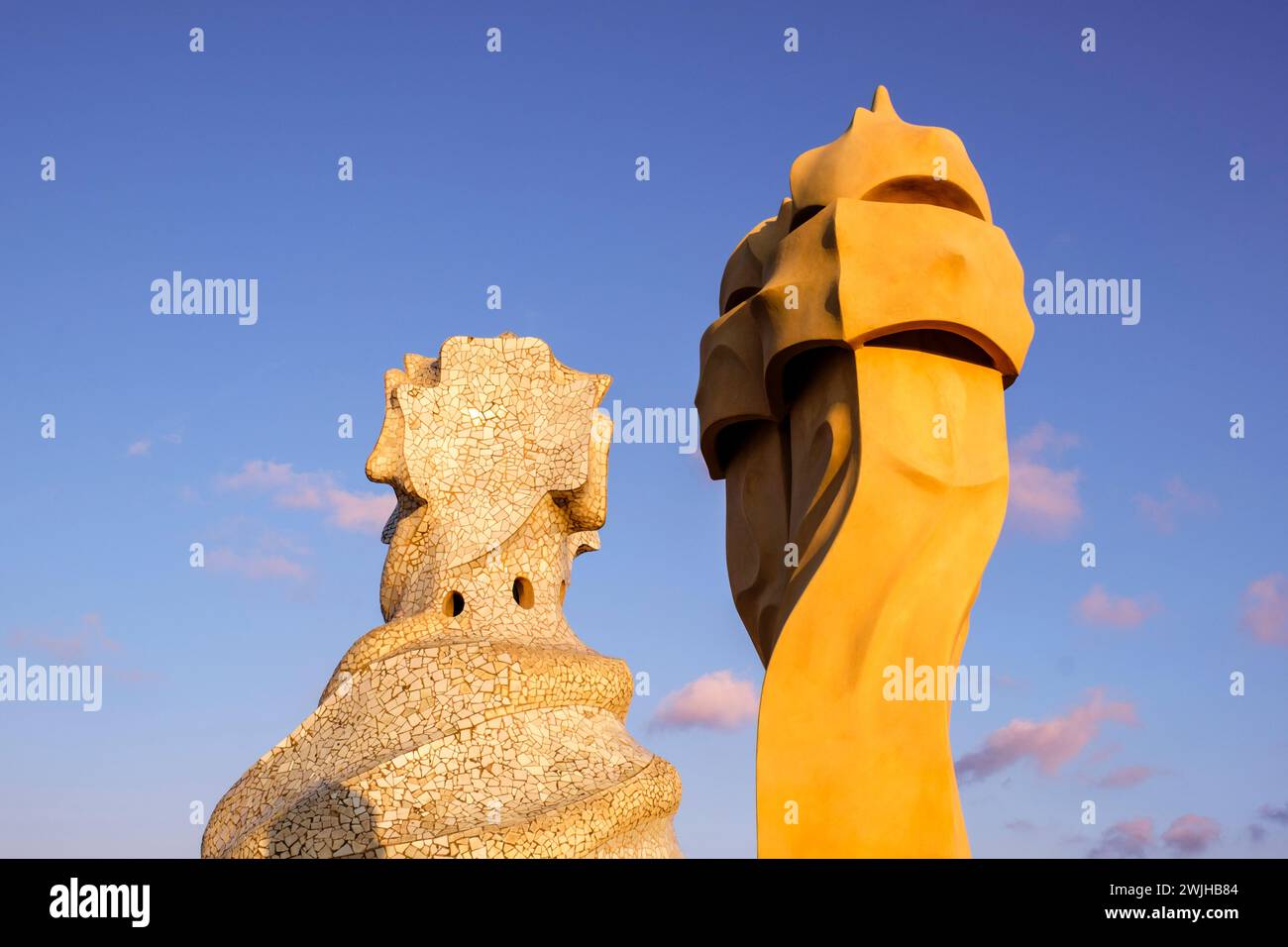 Trencadis mosaic, Casa Milà, La Pedrera, details of rooftop chimneys ...
