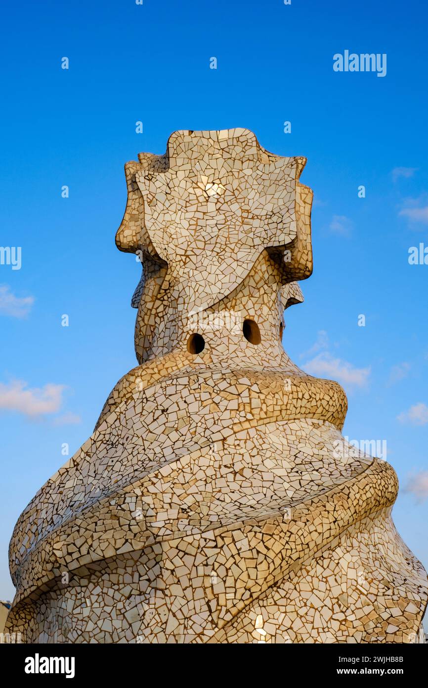 Trencadis mosaic, Casa Milà, La Pedrera, details of rooftop chimney and ...