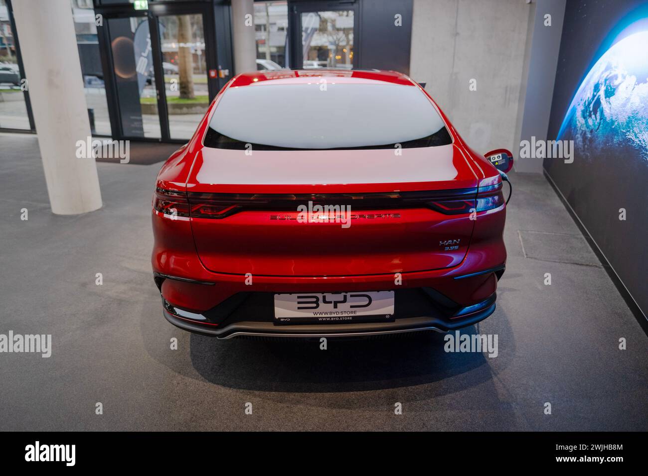 new red BYD Han EV 3.95, rear view, Electric Vehicle Chinese ...