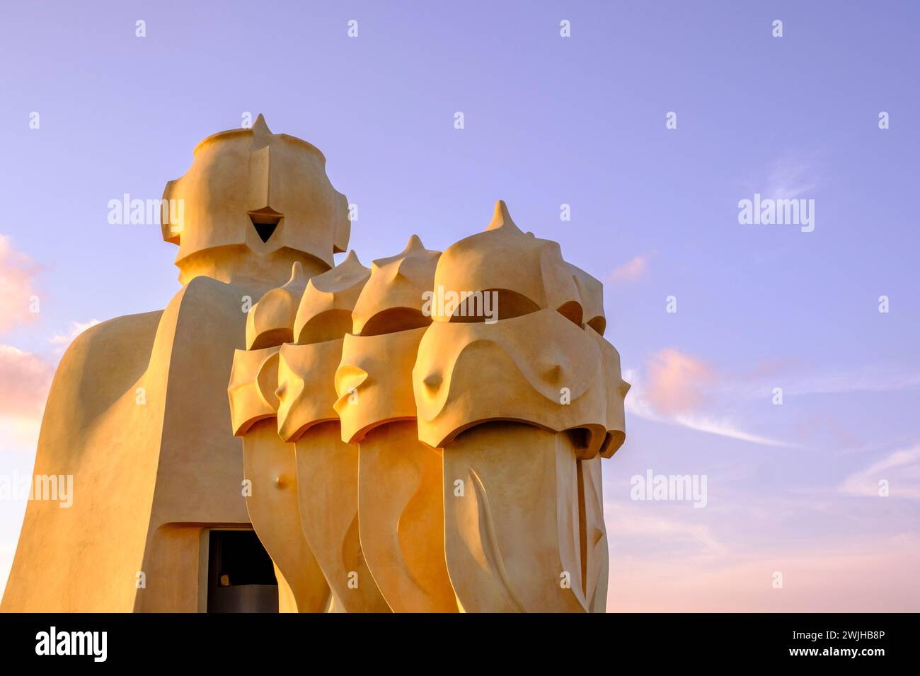 Casa Milà, La Pedrera, exterior details of rooftop chimneys and vents ...