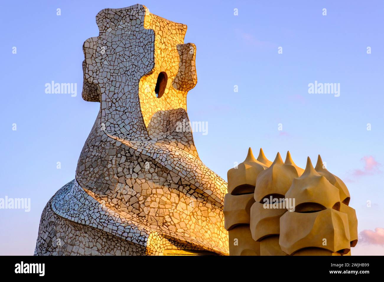 Trencadis mosaic, Casa Milà, La Pedrera, details of rooftop chimneys ...