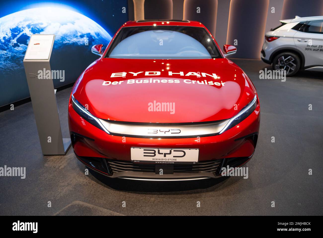 new red BYD Han EV 3.95, front view, Electric Vehicle Chinese ...