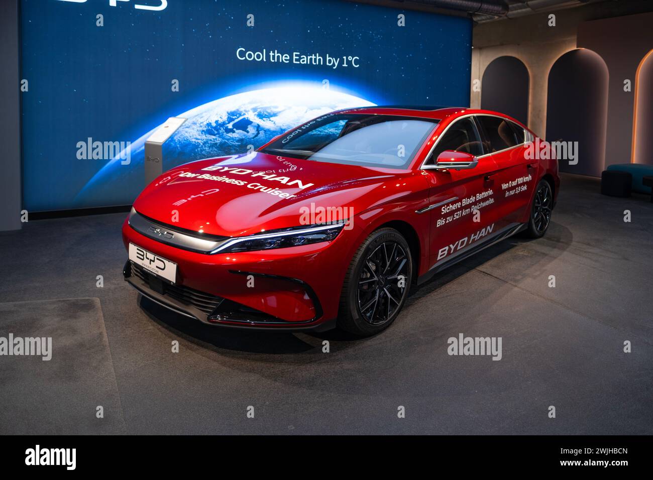 new red BYD Han EV 3.95, side view, Electric Vehicle Chinese ...