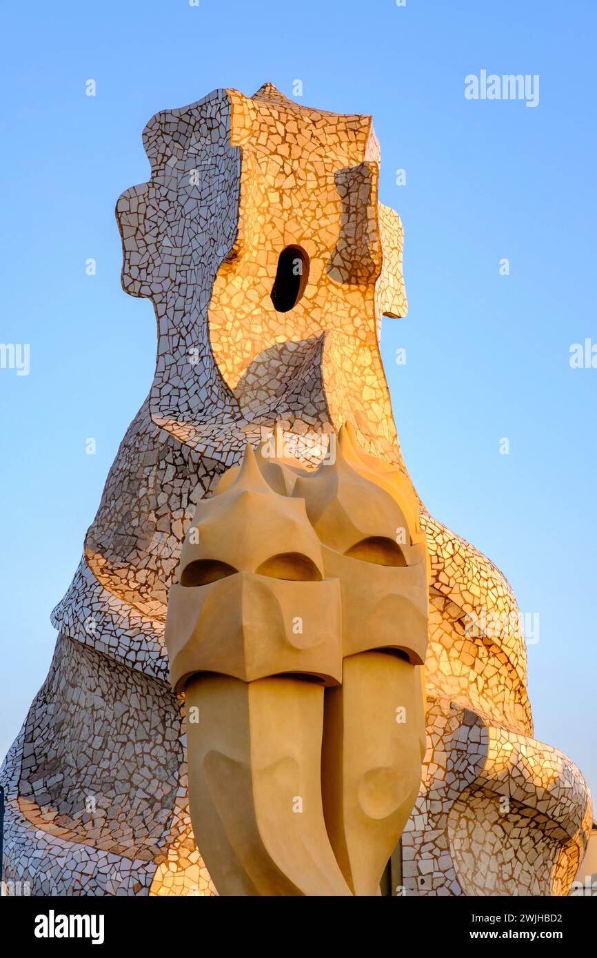 Trencadis mosaic, Casa Milà, La Pedrera, details of rooftop chimneys ...