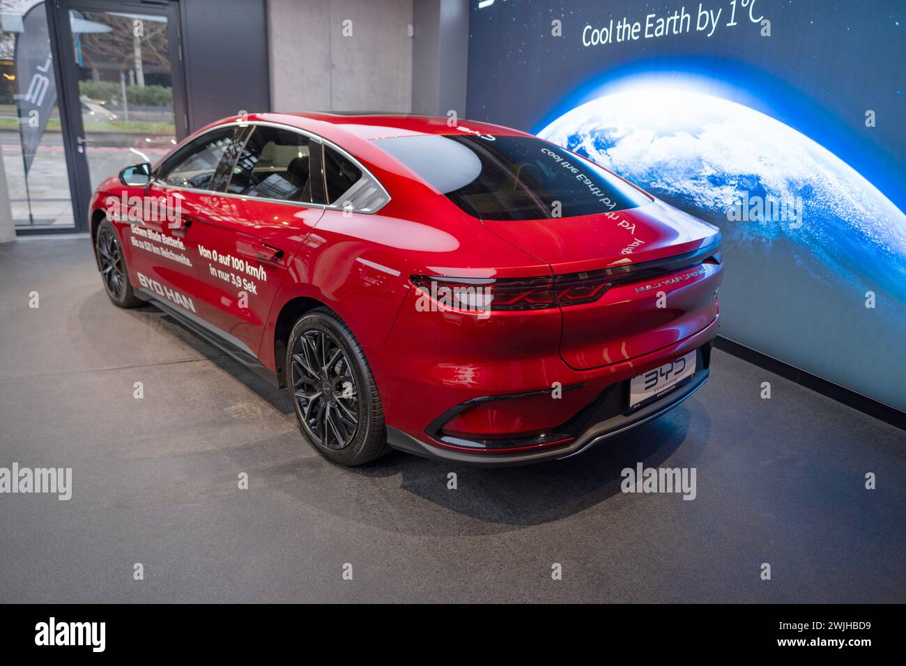 new red BYD Han EV 3.95, side view, Electric Vehicle Chinese ...